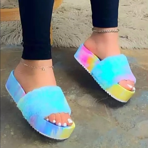 Shoes | Multicolored Furry Platform Slides | Poshmark